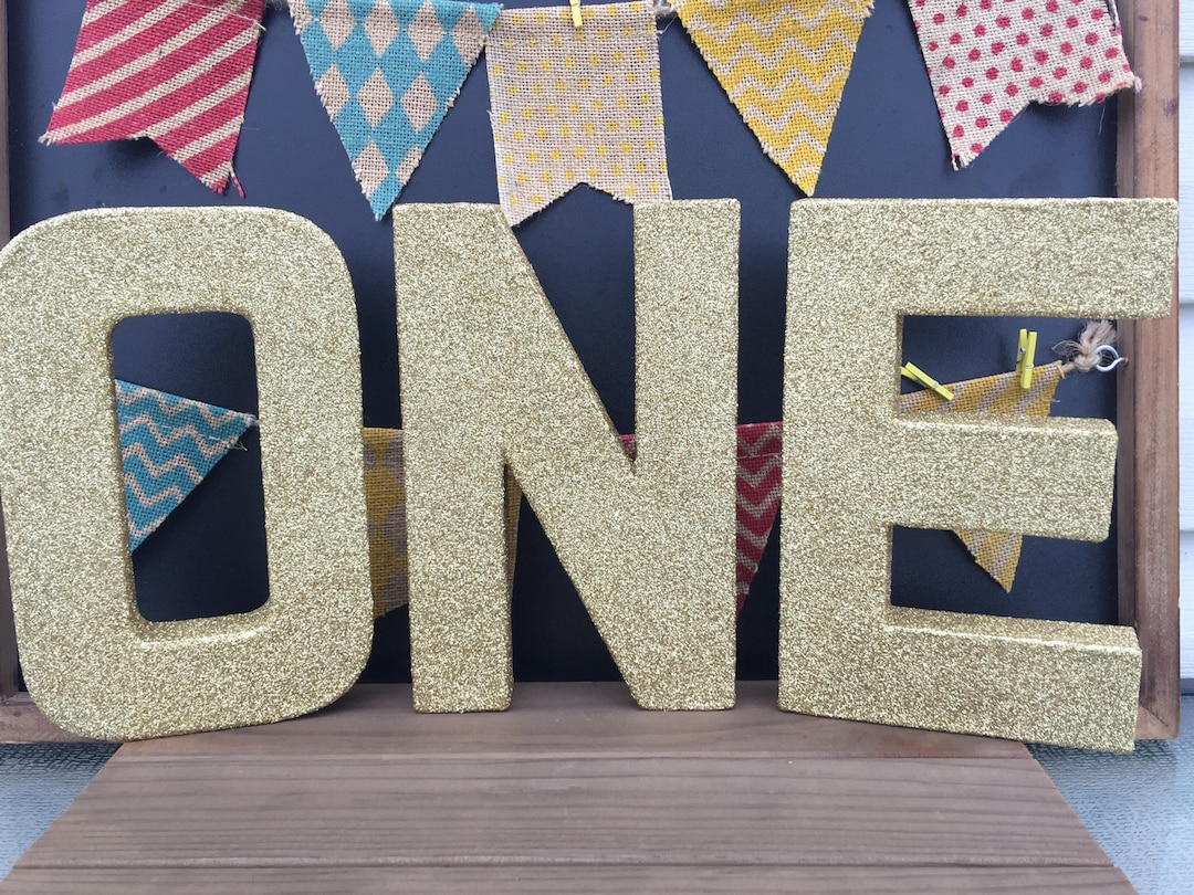 Glittery ONE Lettering for First Birthday, Anniversary or Wedding. Gold ...