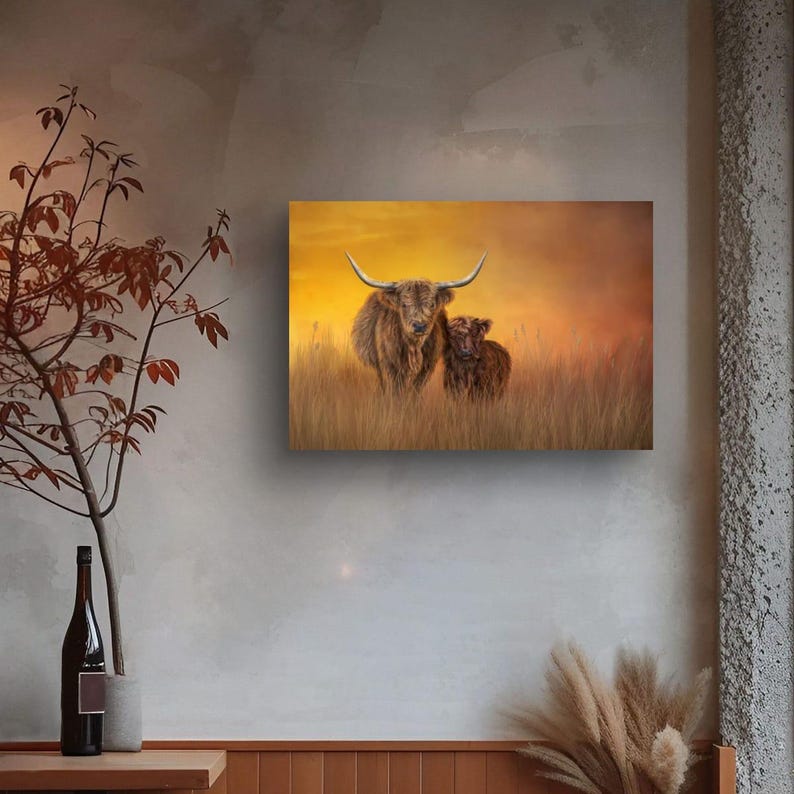 Highlander Cow and Calf Digital Painting – Printable Wall Art | Warm ...