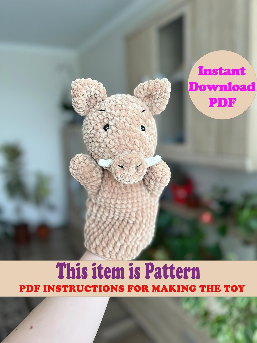 Boar Hand Puppet Crochet Pattern PDF - Amigurumi Wild Pig Plush Glove ...
