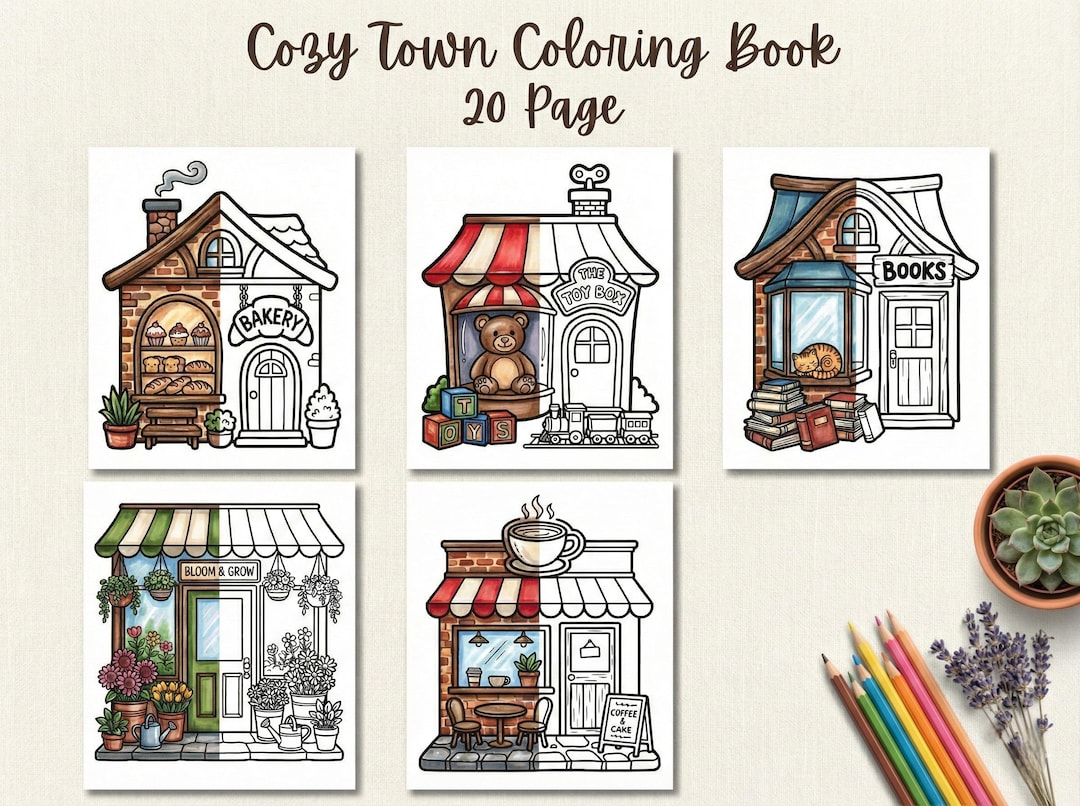 Cozy Town & Storefronts Coloring Book | Bold and Easy Coloring Pages ...