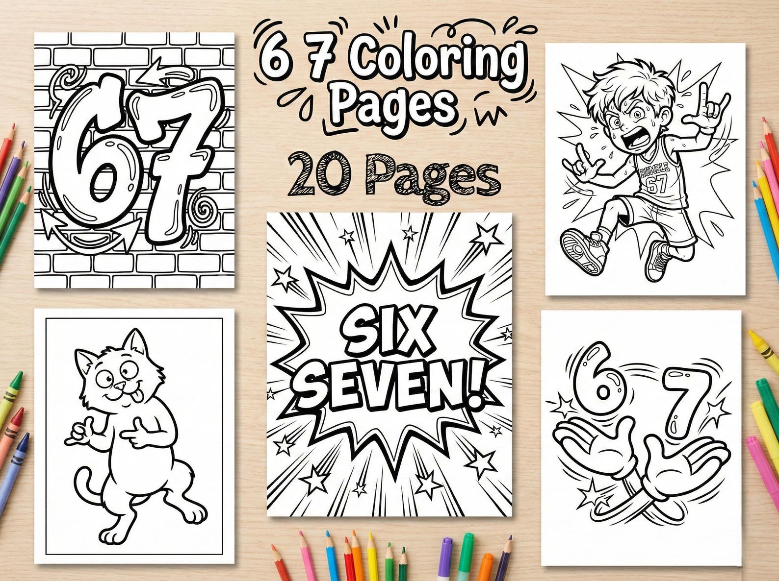6 7 Coloring Pages, 20 Page Six Seven Movement Coloring Book, Viral ...