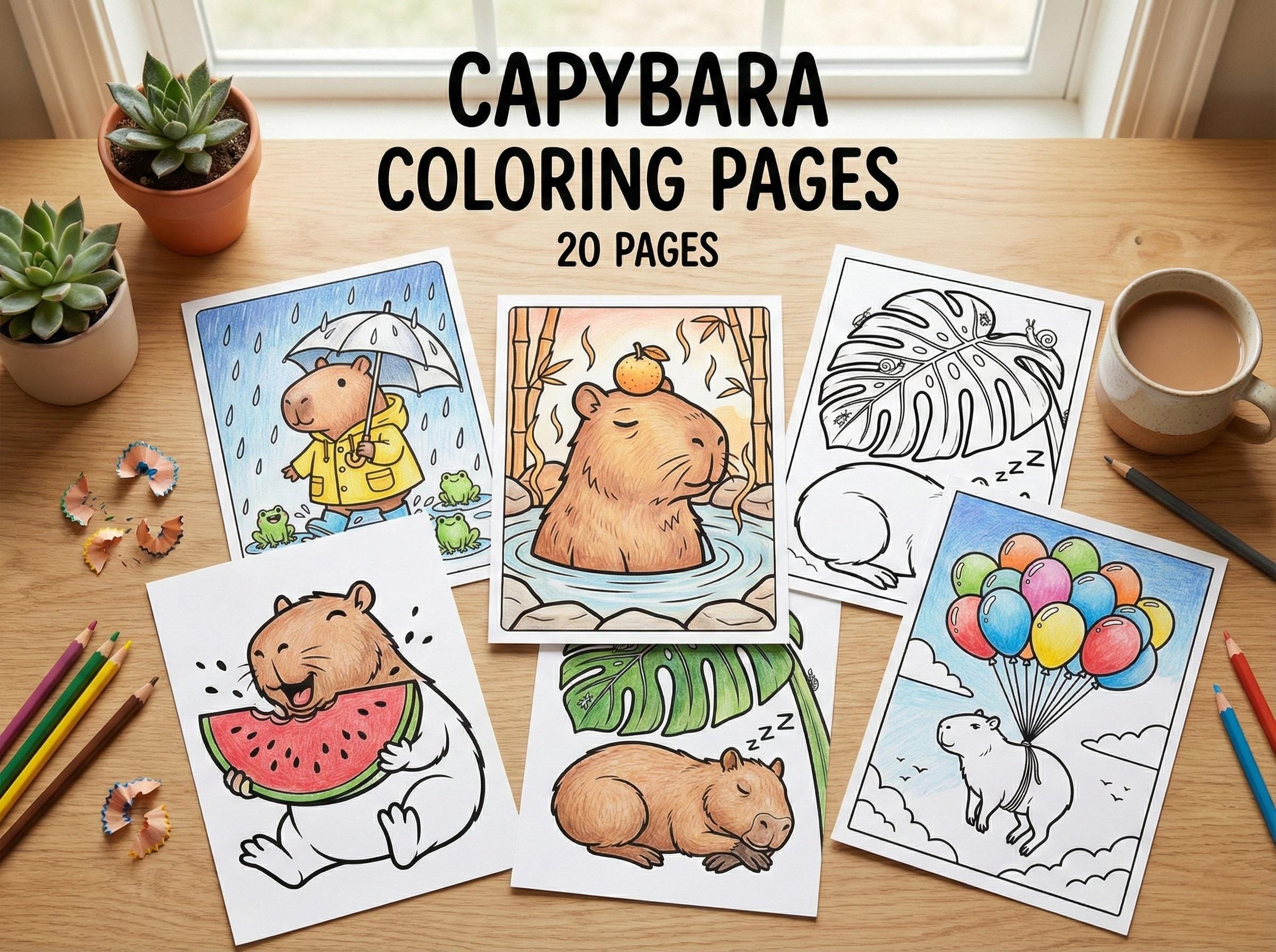 Capybara Coloring Book: 20 Page Kawaii Animal Printable (PDF) - Etsy