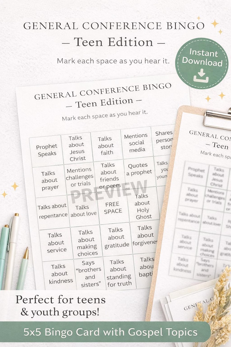 Printable Teen Bingo Game for General Conference | LDS Youth Activity ...