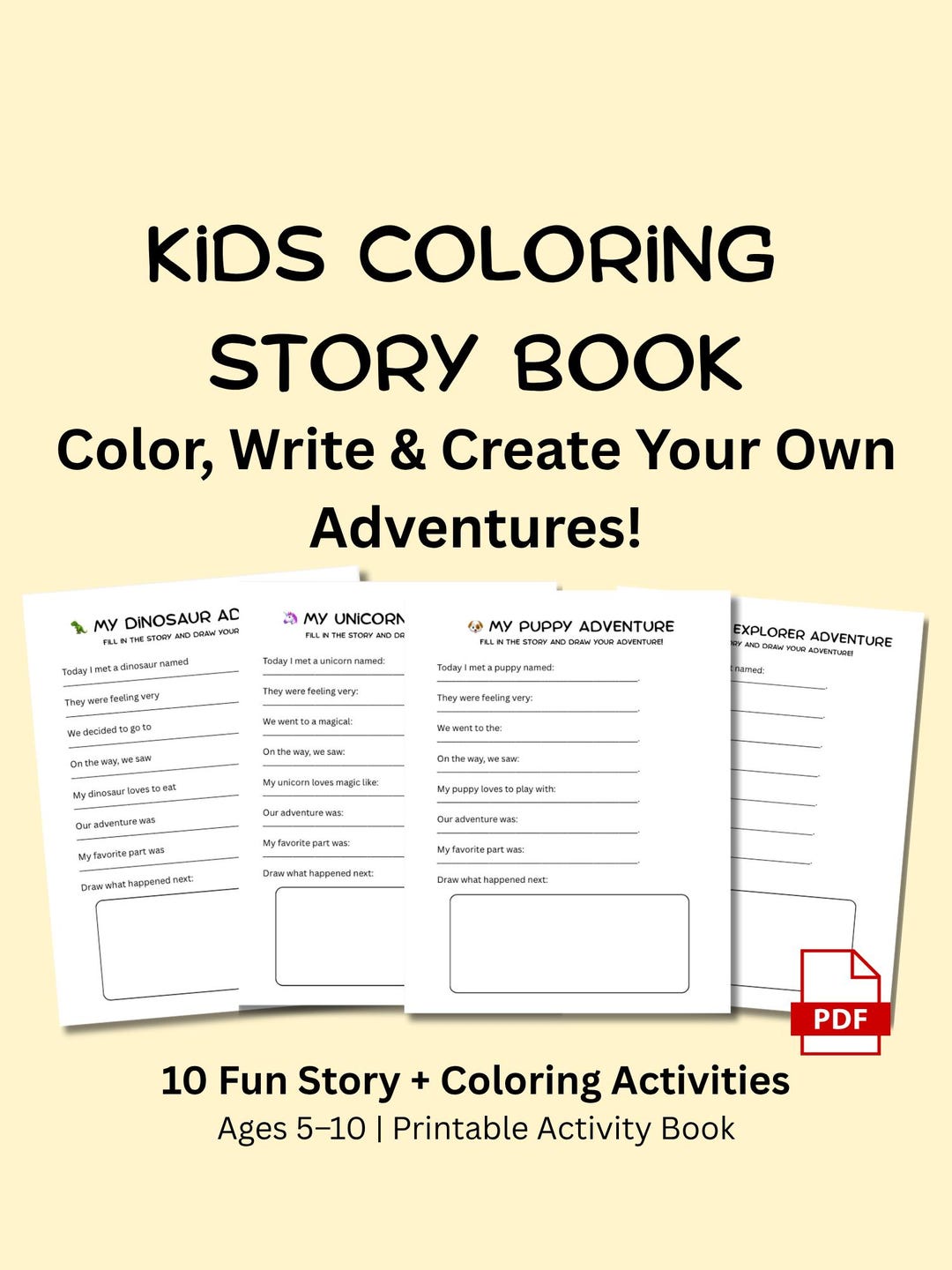 Printable Coloring & Story Writing Book for Kids Ages 5-10 | Digital ...