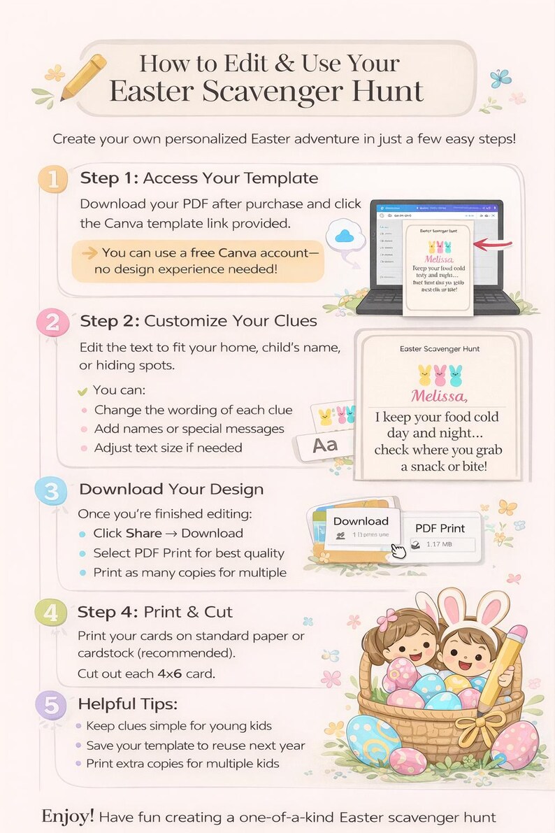 Editable Easter Scavenger Hunt Clues for Kids (canva Template); 4x6 ...