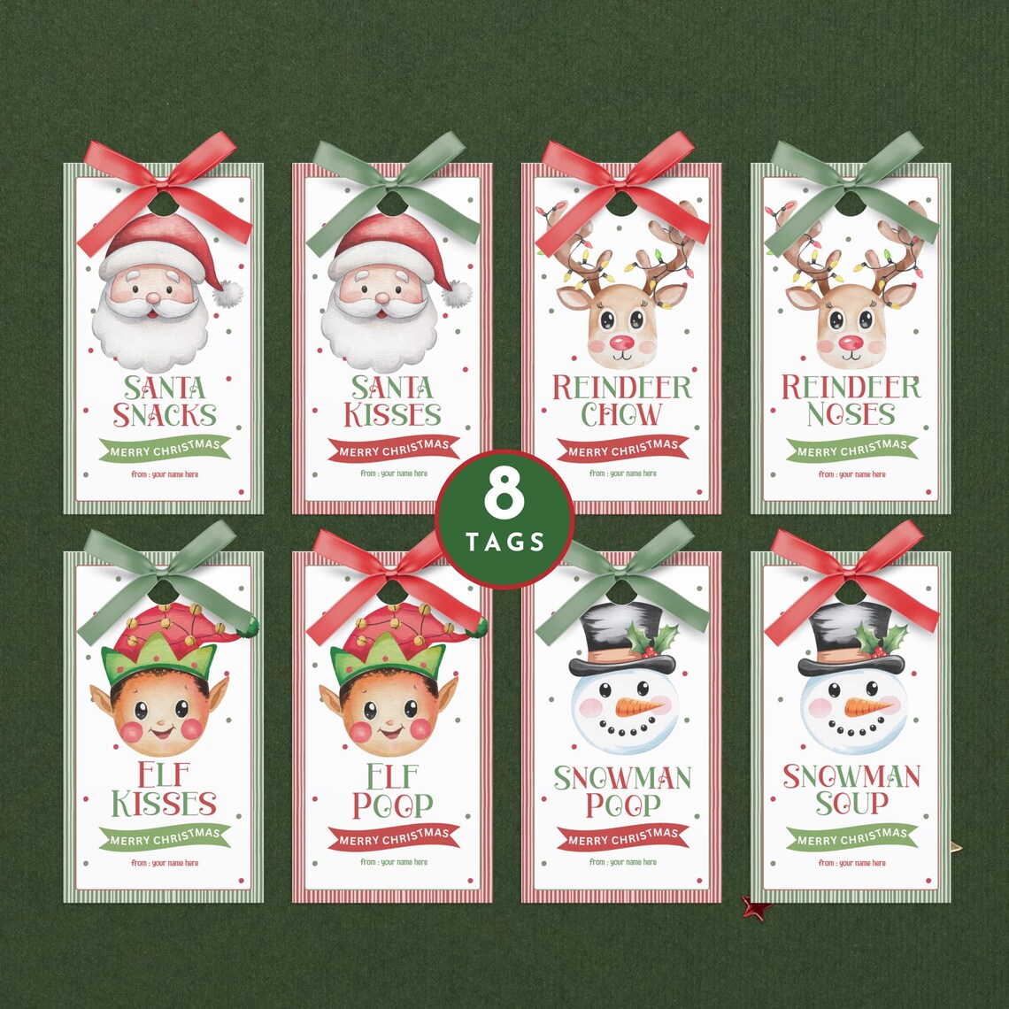 8 Editable Christmas Treat Bag Toppers and Tag Set, Elf Kisses, Elf ...