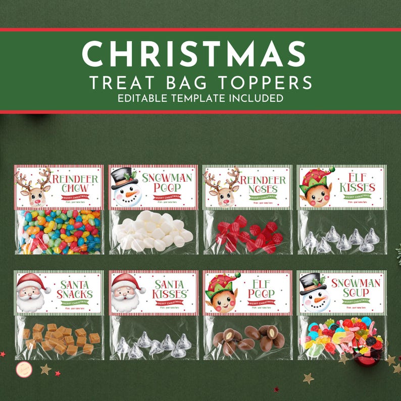 8 Editable Christmas Treat Bag Toppers Set, Elf Kisses, Elf Poop ...