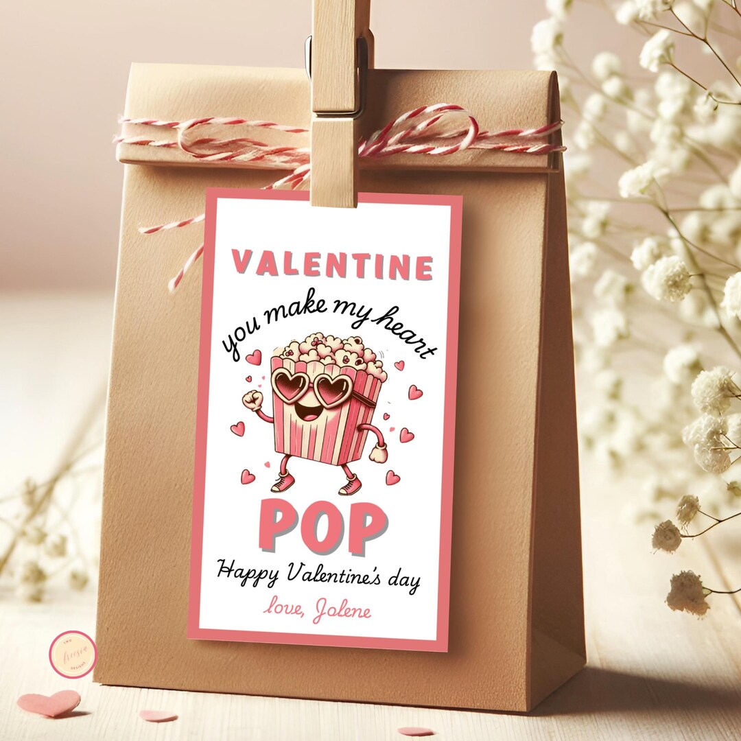 Editable Popcorn Valentine's Day Tag | Printable Template - Etsy