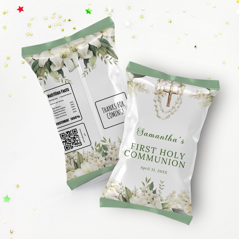Editable Green First Holy Communion Chip Bag Label, Favor Template ...