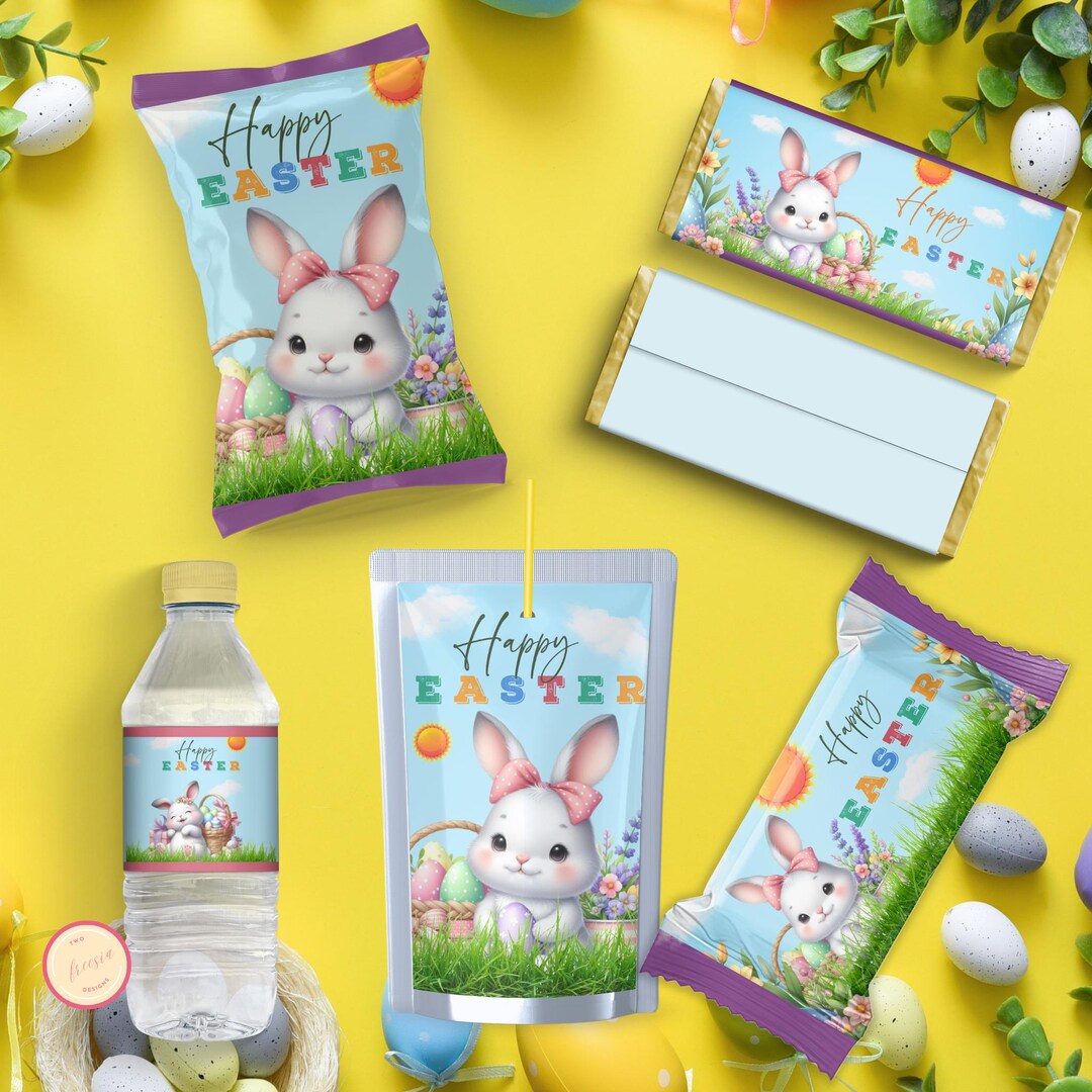 Easter Bunny Party Favor Bundle, Chip Bag, Rice Treat, Juice, Chocolate ...