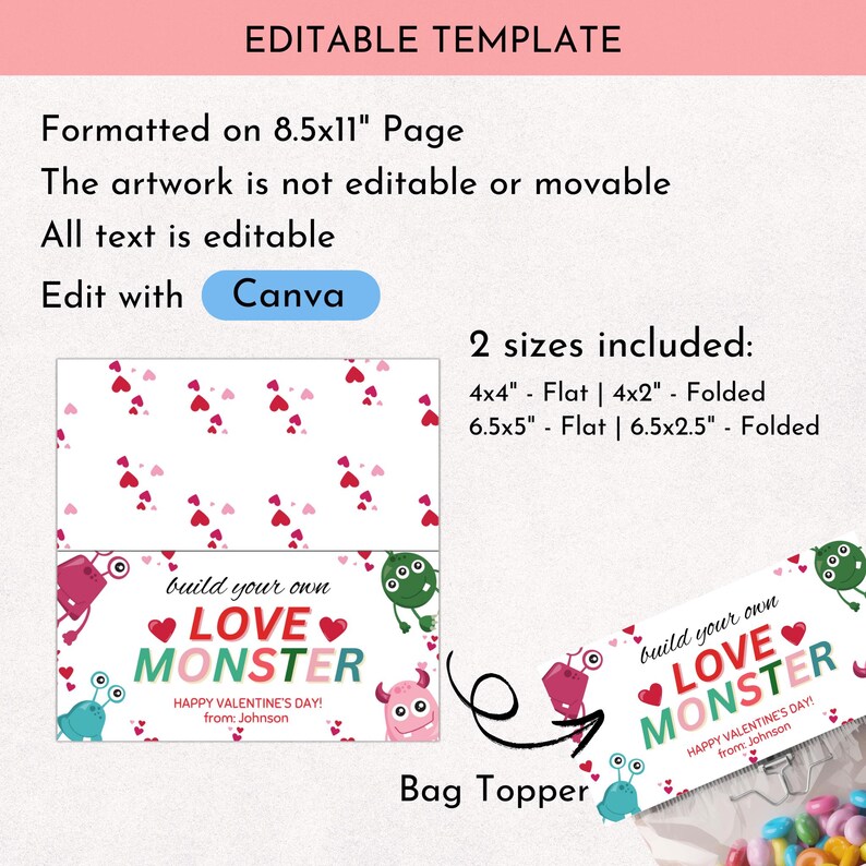 Editable Build Your Own Monster Valentine Bag Topper | Instant Download ...