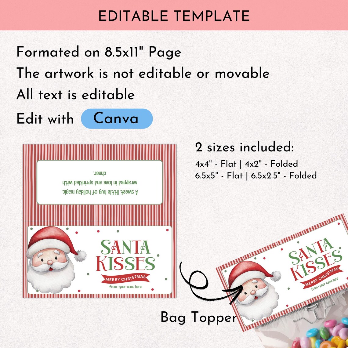 Editable Santa Kisses Bag Topper Printable, Holiday Bag Topper ...
