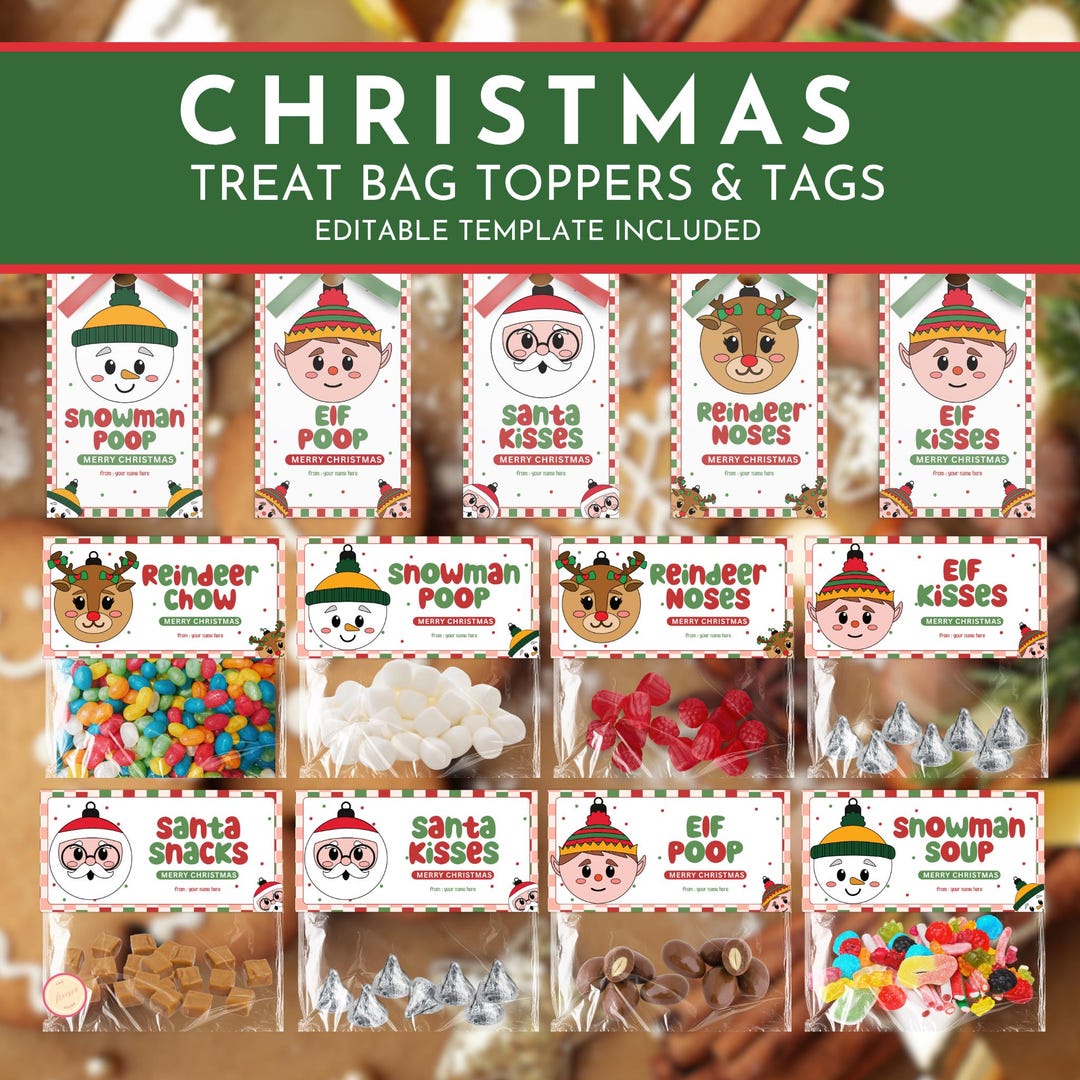 8 Editable Christmas Treat Bag Toppers and Tag Set, Elf Poop, Snowman ...