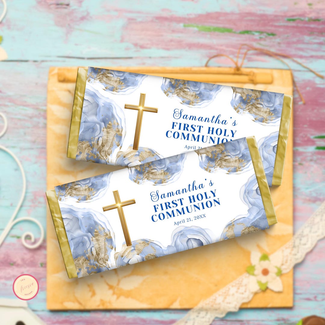 Editable Blue First Holy Communion Chocolate Wrapper Template (digital ...