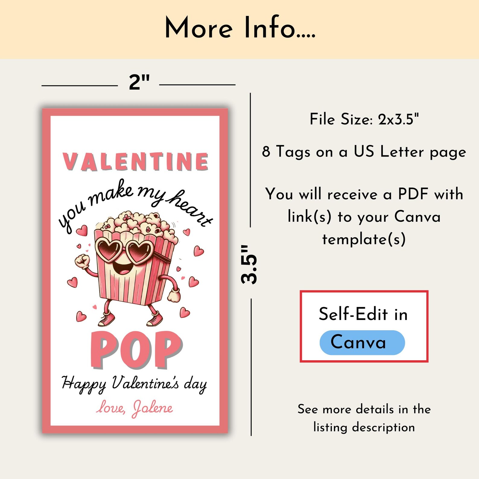 Editable Popcorn Valentine's Day Tag | Printable Template - Etsy