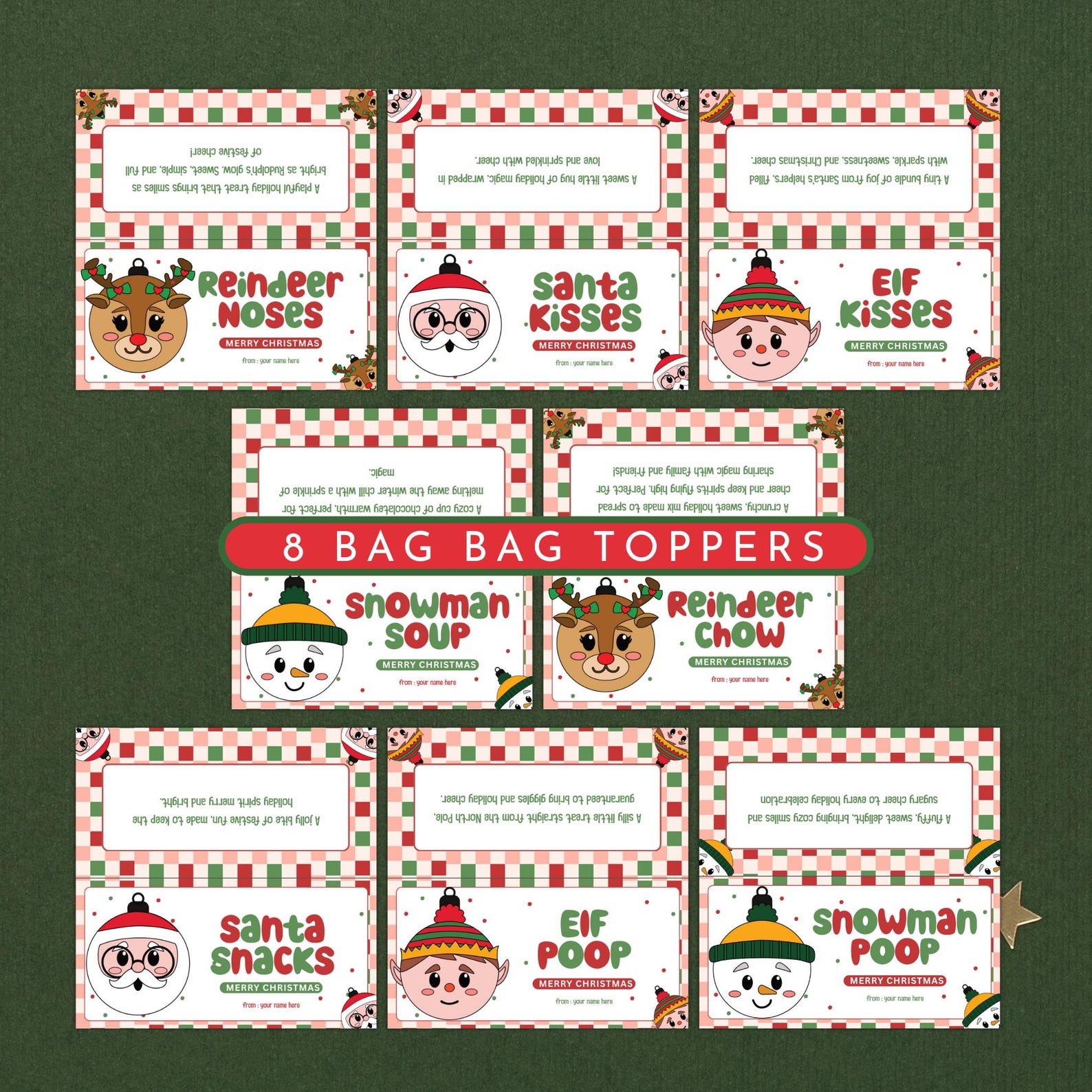 8 Editable Christmas Treat Bag Toppers and Tag Set, Elf Poop, Snowman ...