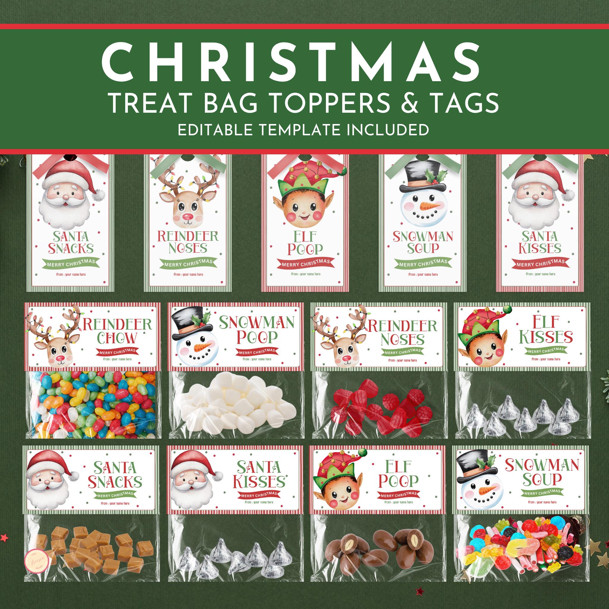 8 Editable Christmas Treat Bag Toppers and Tag Set, Elf Kisses, Elf ...