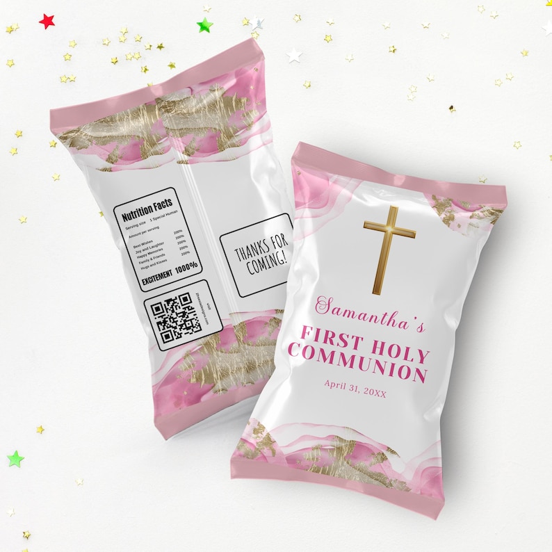 Pink First Holy Communion Chip Bag Label: Editable Favor Template ...