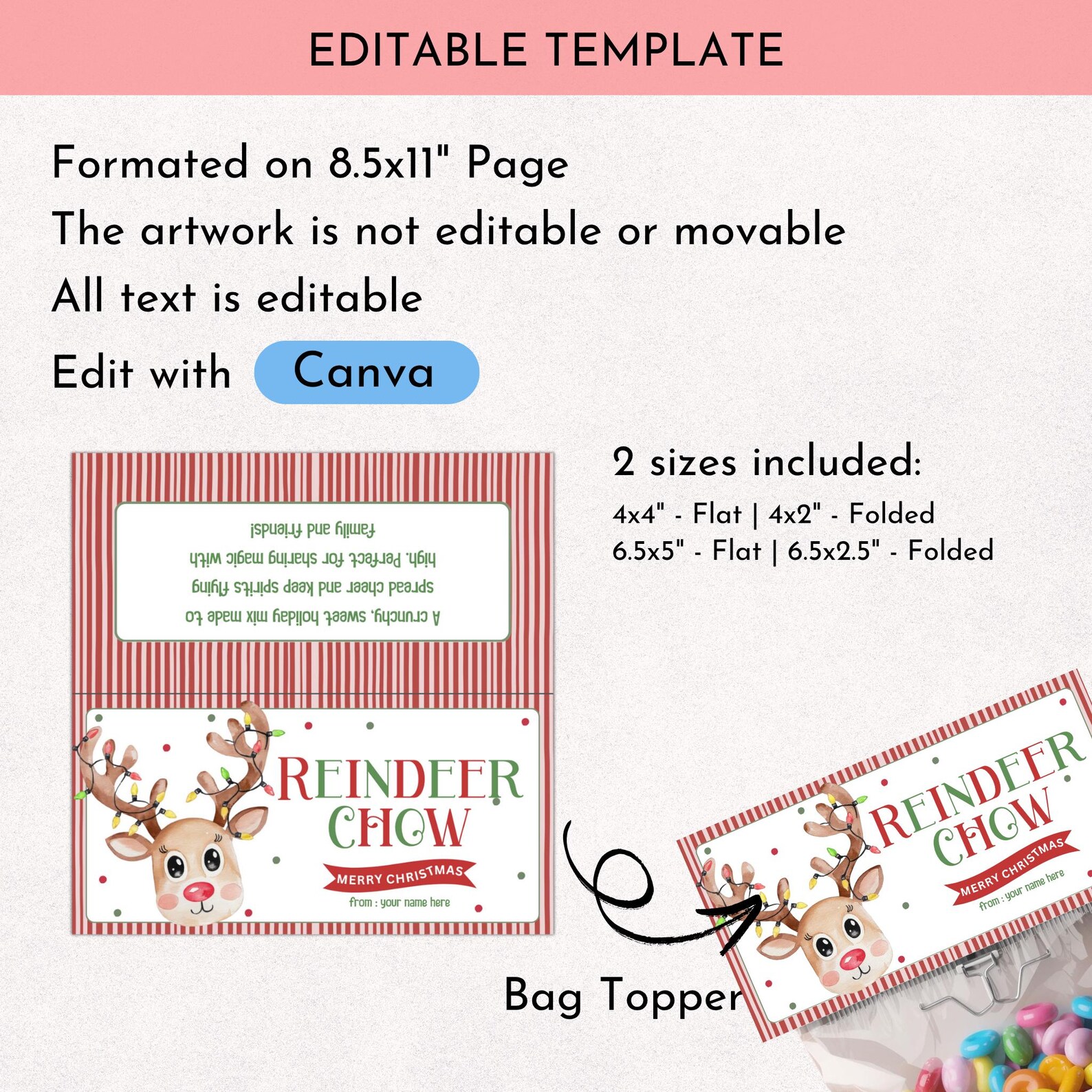 8 Editable Christmas Treat Bag Toppers Set, Elf Kisses, Elf Poop ...