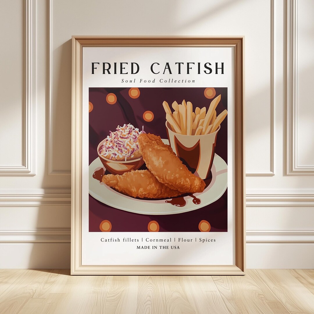 Fried Catfish Art Print, Southern Seafood Poster, Rustic Kitchen Wall ...