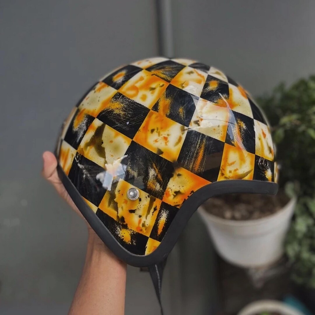 Helmet Motorcycle Slimhead Checkerboard Patina Scratch Handmade Custom ...