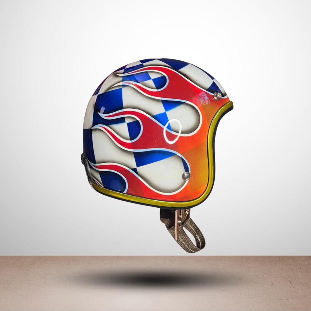 Helmet Vintage Checkerboard Candy Blue Flame Motorcycle Cafe Racer ...