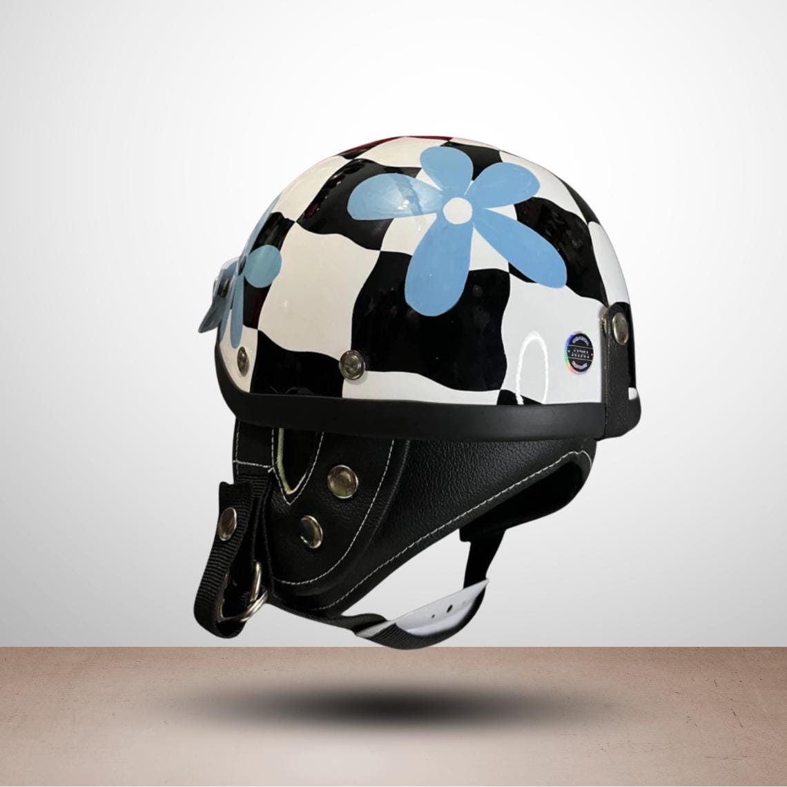 Custom Shorty Checkered Flower Motorcycle Helmet Retro Bobber Chopper ...