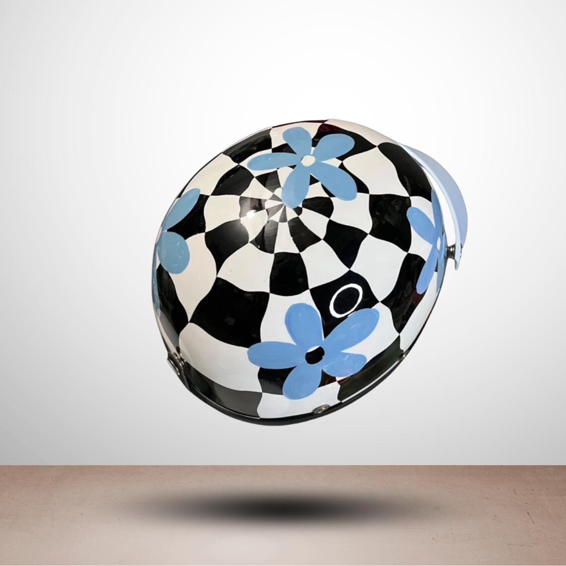 Custom Shorty Checkered Flower Motorcycle Helmet Retro Bobber Chopper ...