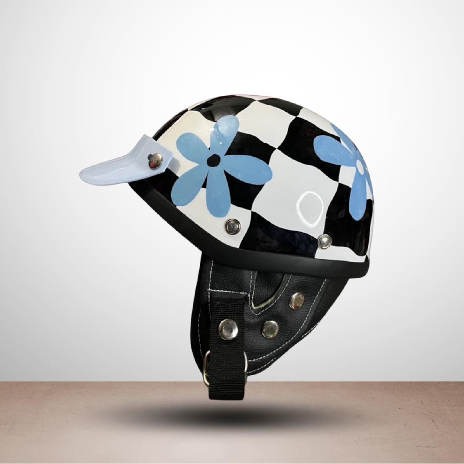 Custom Shorty Checkered Flower Motorcycle Helmet Retro Bobber Chopper ...