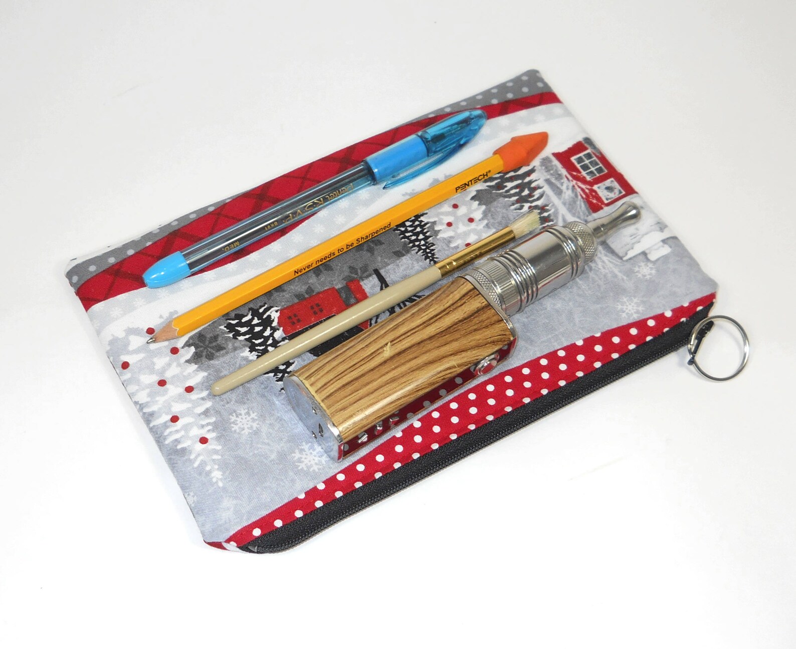Winter Snow Pouch Christmas Zip Pouch Gray White Red - Etsy