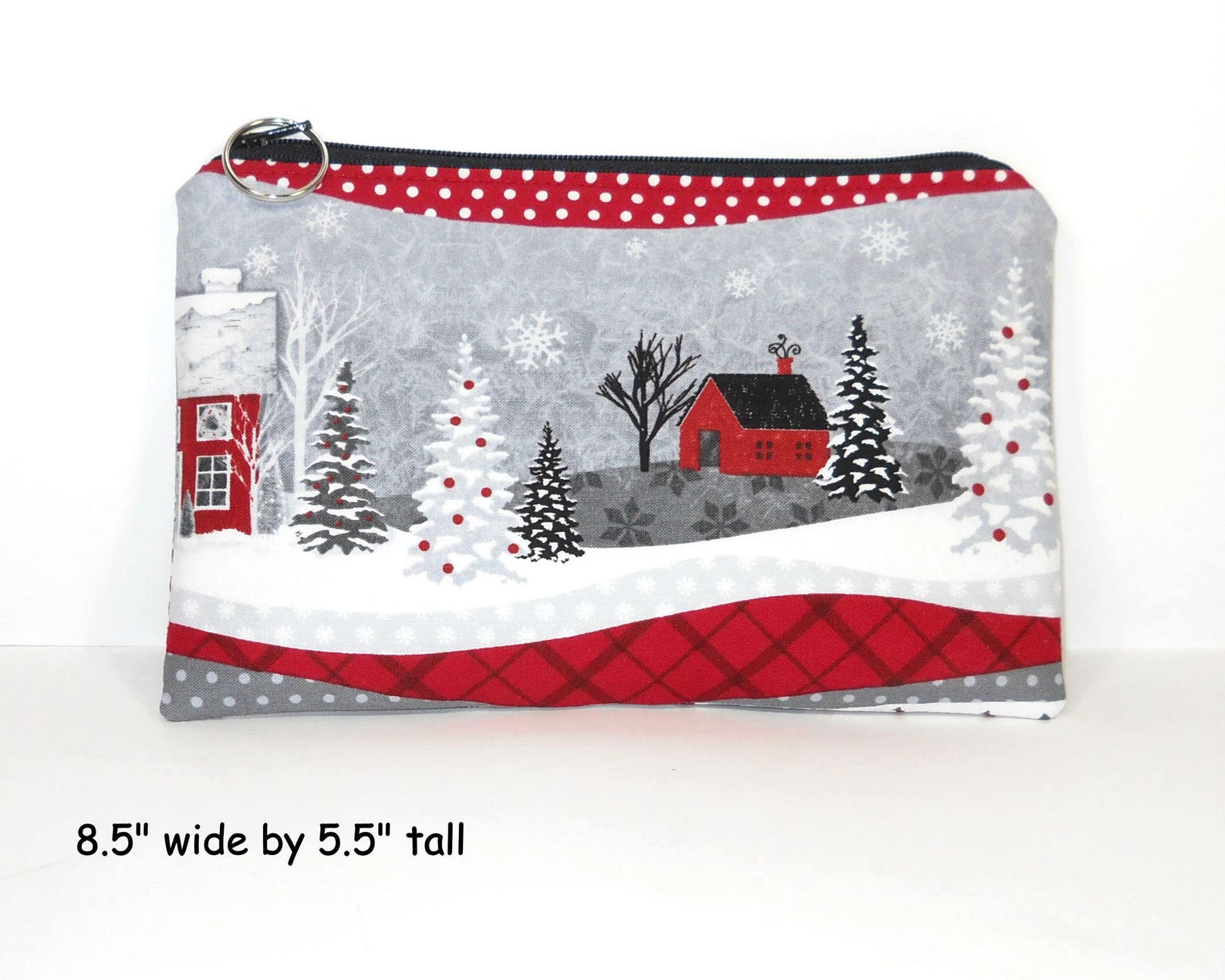 Winter Snow Pouch Christmas Zip Pouch Gray White Red - Etsy