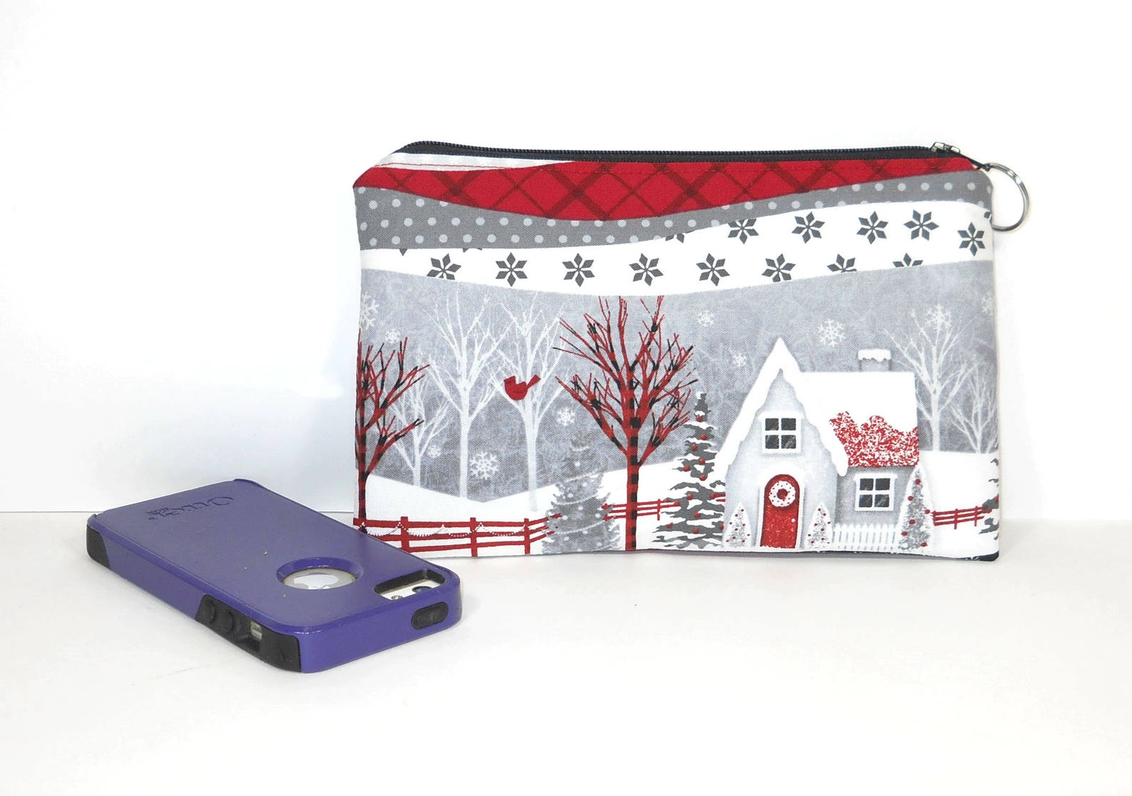 Winter Snow Pouch Christmas Zip Pouch Gray White Red - Etsy