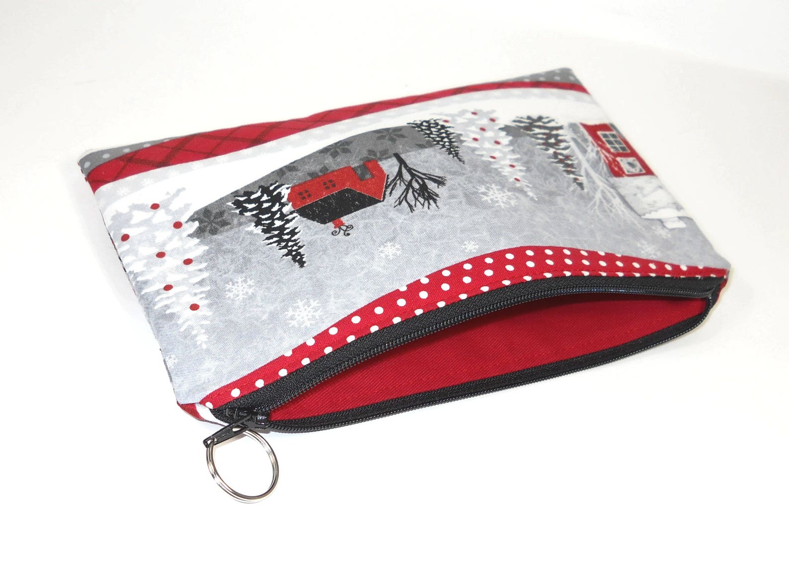 Winter Snow Pouch Christmas Zip Pouch Gray White Red - Etsy