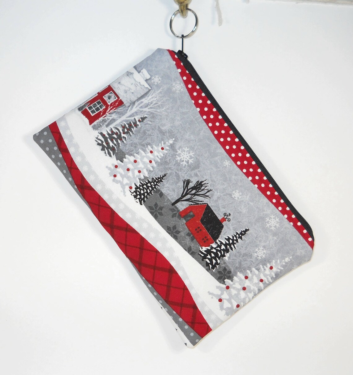 Winter Snow Pouch Christmas Zip Pouch Gray White Red - Etsy