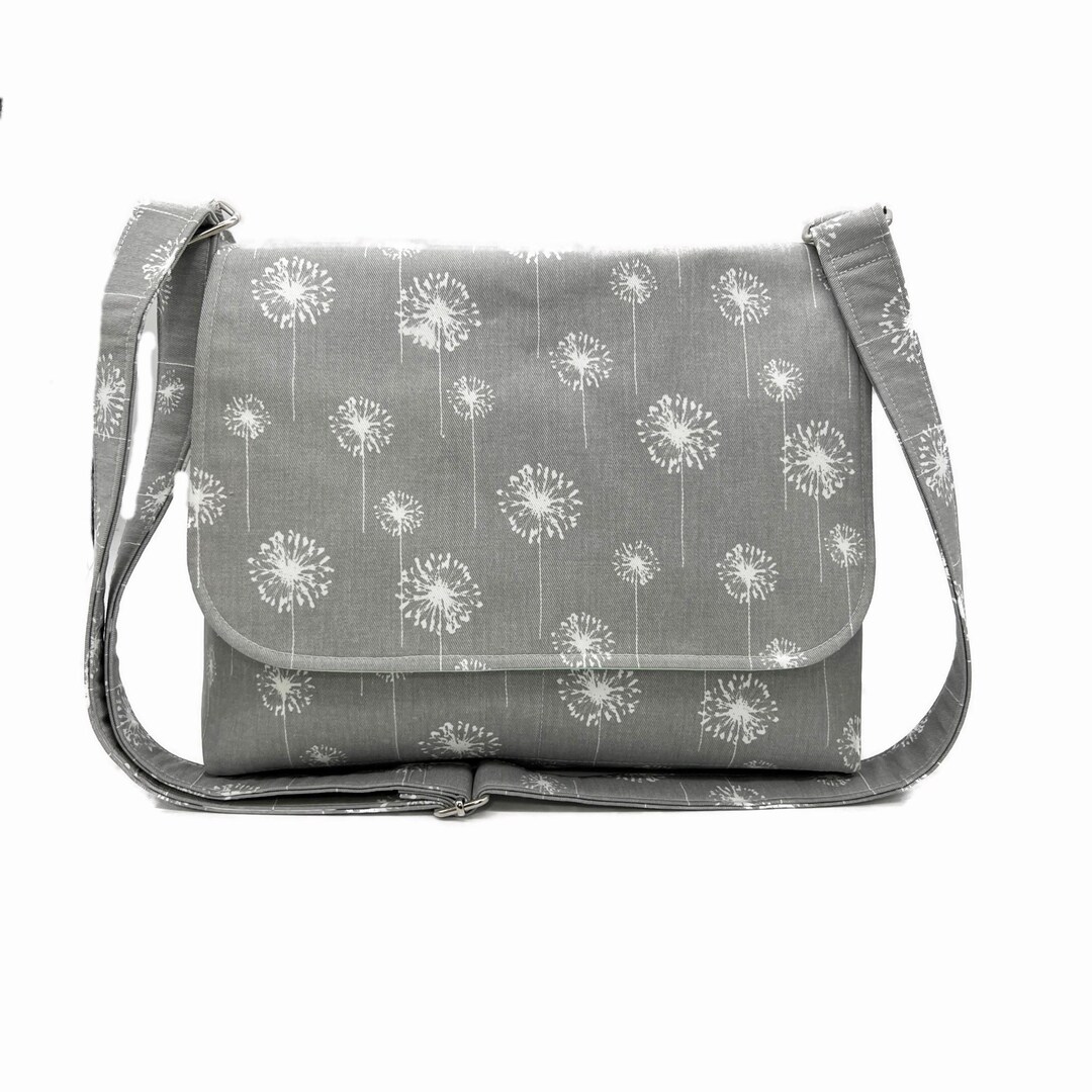 Gray Dandelion Messenger Purse for Women, Fabric Pocketbook, Cotton ...