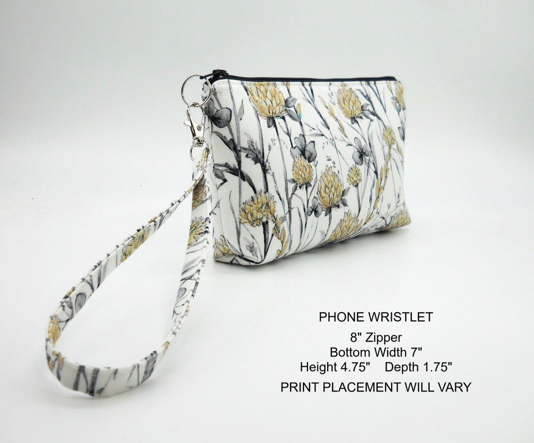 Golden Clover Wristlet Purse, Fabric Wristlet Clutch, Yellow Gray Phone ...