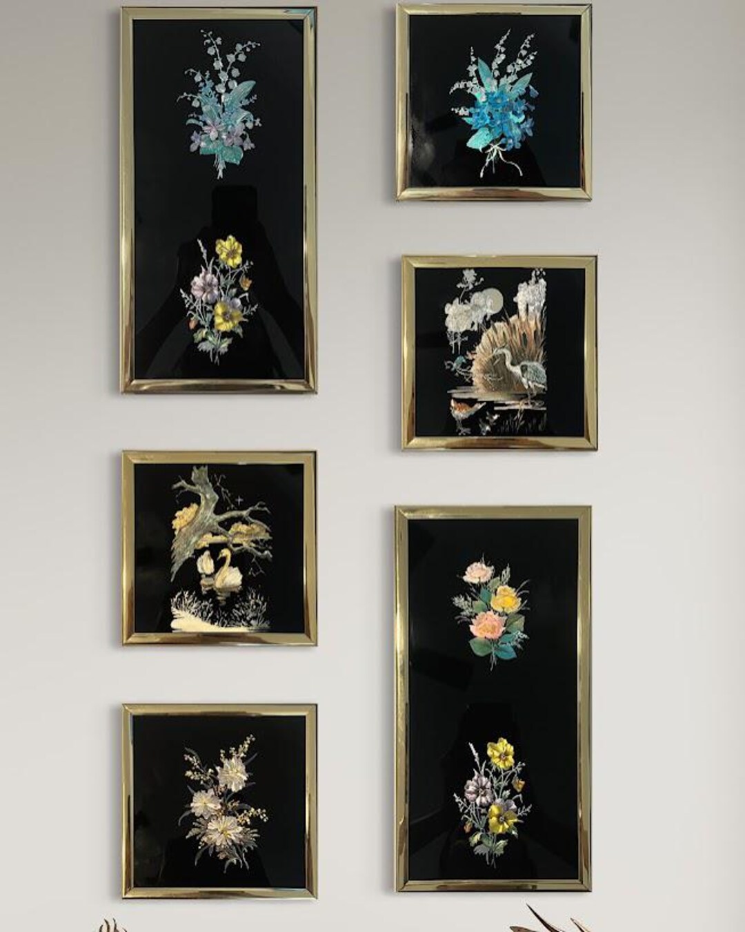 Vintage Kafka Foil Art Gallery Wall Set of Six Framed Floral Bird ...