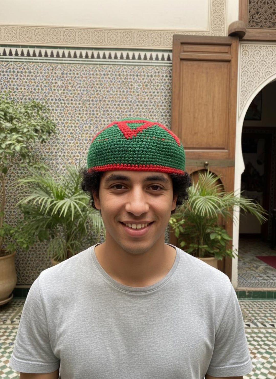 Traditional Moroccan Crochet Kufi Hat – Handmade Green & Red Islamic ...