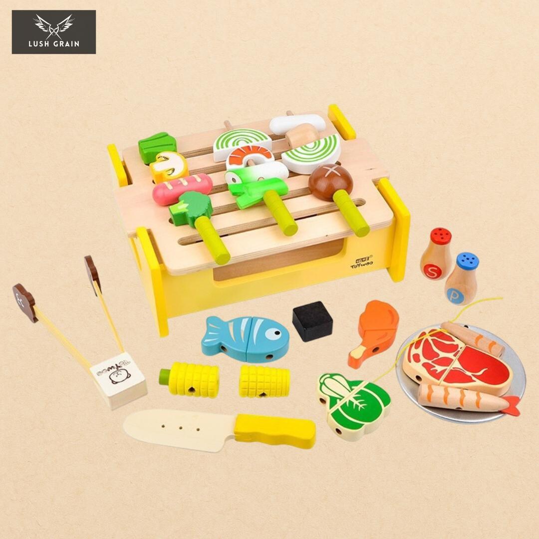 Wooden BBQ Grill Toy Set for Kids Pretend Play Kitchen Food Accessories ...