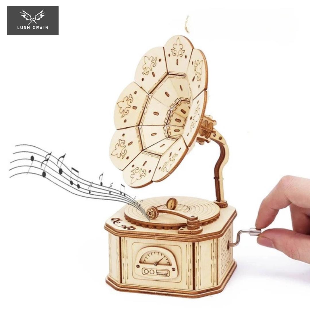 3D Wooden Gramophone Music Box DIY Assembling Music Jukebox Perfect ...