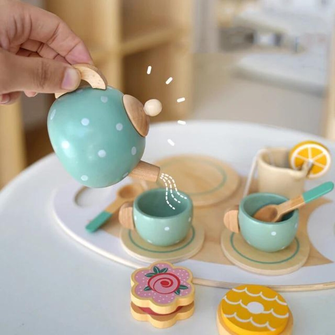 Wooden Kids Tea Set Montessori Pretend Play Toy for Toddlers Tea Party ...