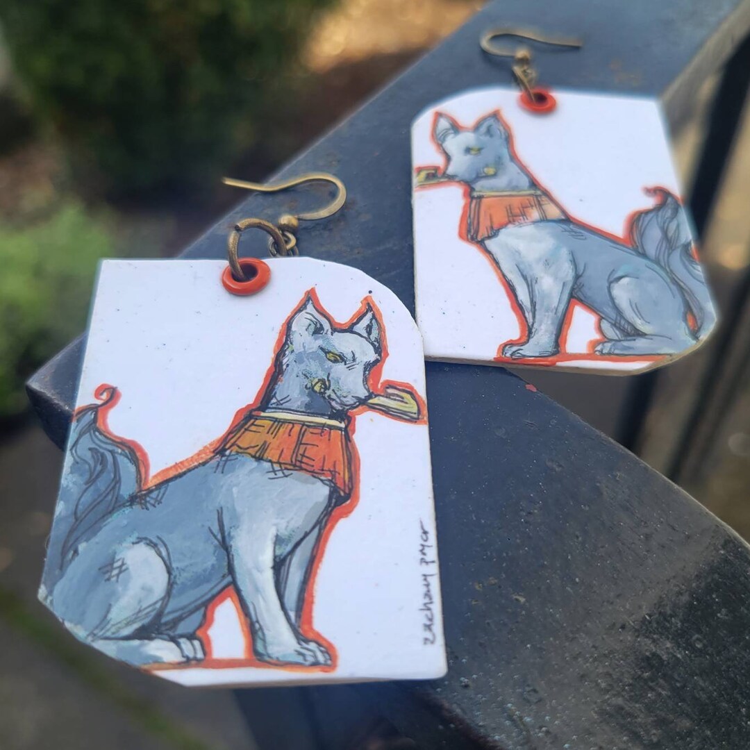 Inari Fox God Shrine Guardian Statement Earrings - Hand-painted Charm ...