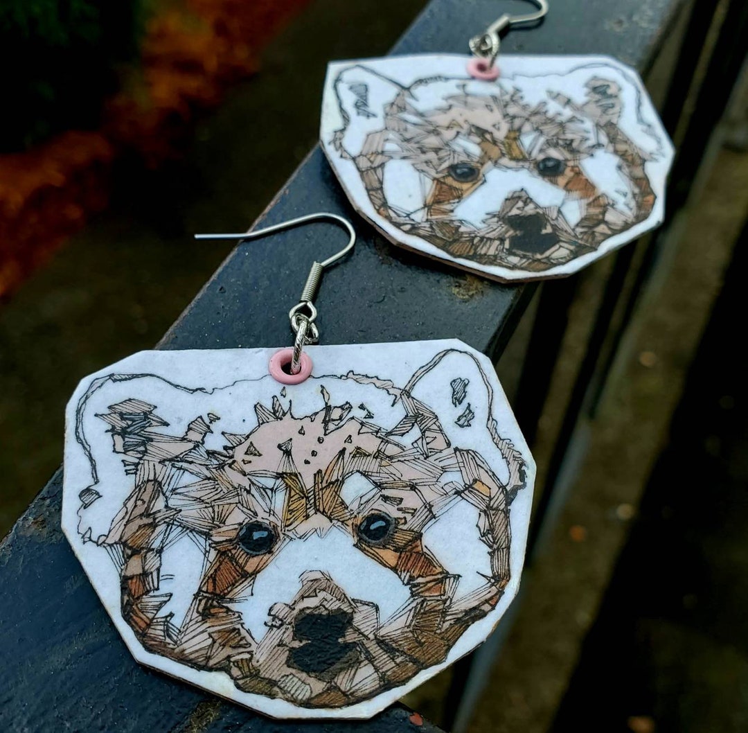 Graphic Red Panda Cut Out - Hand-painted Big Charm Earrings - Wildlife ...