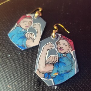 Rosie the Riveter - Hand-painted Charm Earrings - Latina Gray Version ...
