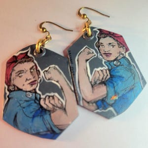 Rosie the Riveter - Hand-painted Charm Earrings - Latina Gray Version ...