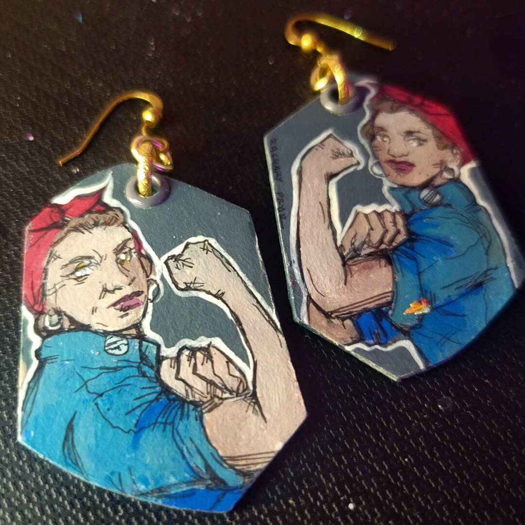 Rosie the Riveter - Hand-painted Charm Earrings - Latina Gray Version ...