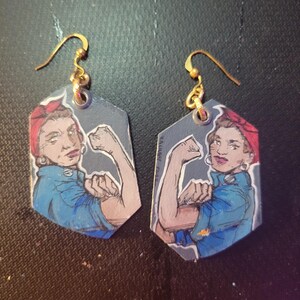 Rosie the Riveter - Hand-painted Charm Earrings - Latina Gray Version ...