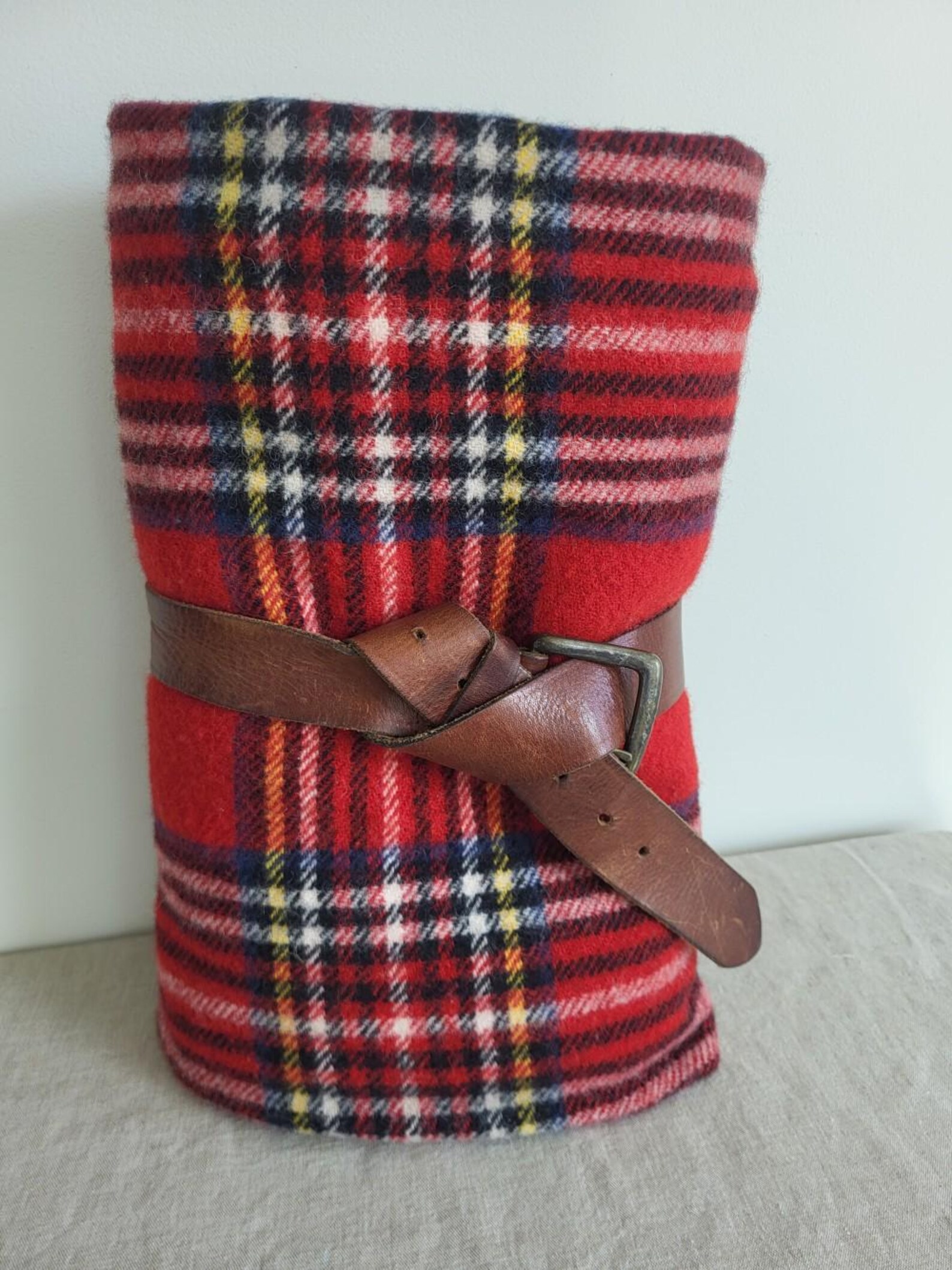 1960s Red Plaid Wool Fringed Car Blanket, Stadium Blanket, Picnic ...