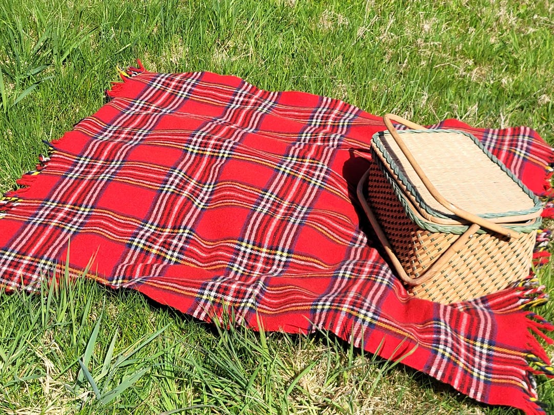 1960s Red Plaid Wool Fringed Car Blanket, Stadium Blanket, Picnic ...