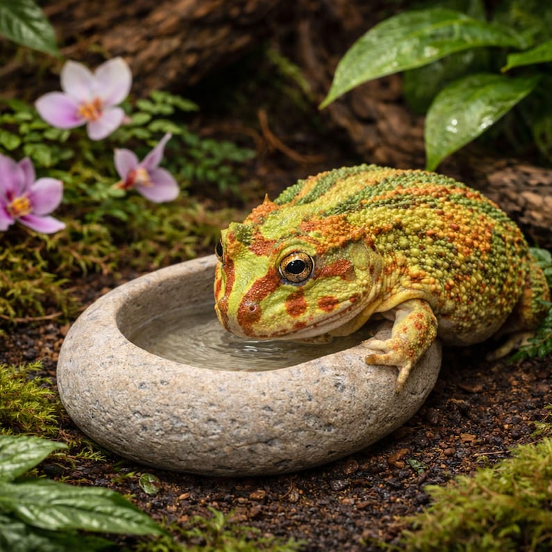 Pacman Frog Natural Pebble Stone Food Water Dish | Heavy Rock Bowl for ...